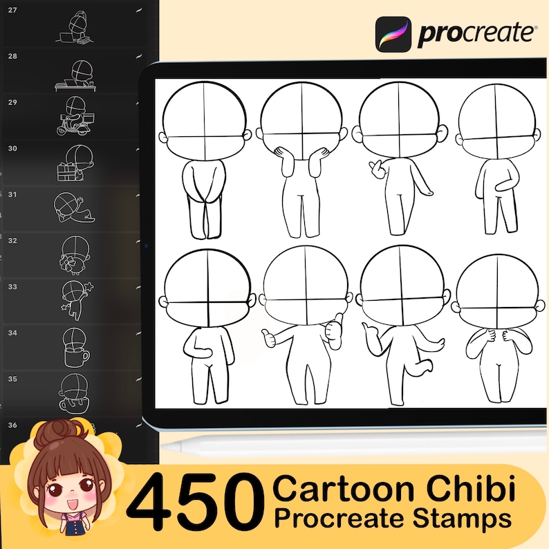 450 Procreate Cartoon Chibi Stamps, Chibi Lips, Chibi Body, Chibi Eye ...