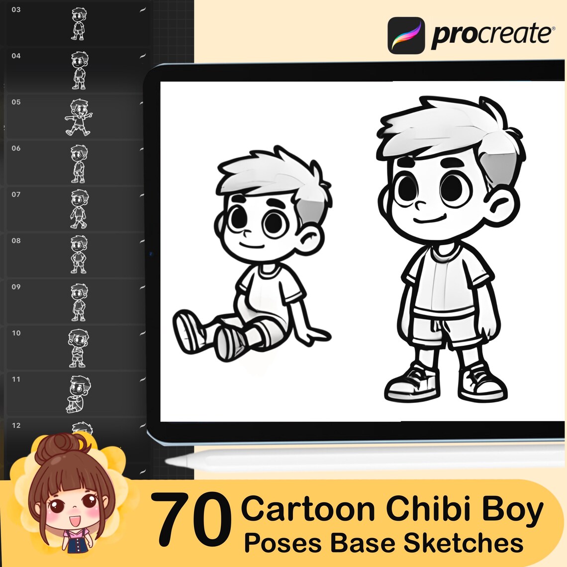 70 Procreate Cartoon Chibi Boy, Poses Base Sketches Kawaii Character ...