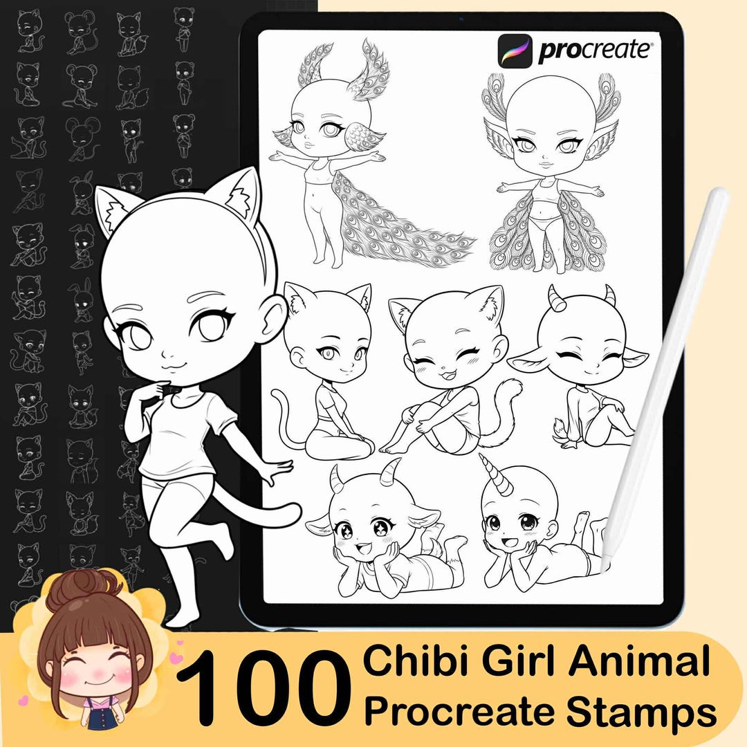 100 Chibi Girl Animal Procreate Stamps | Kawaii Character Design (set 1 ...