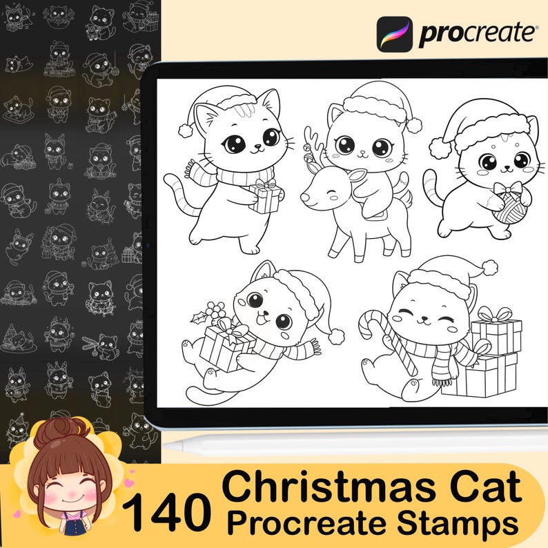 140 Procreate Cute Christmas Cat Stamp Brushes | Procreate Kawaii Cats ...