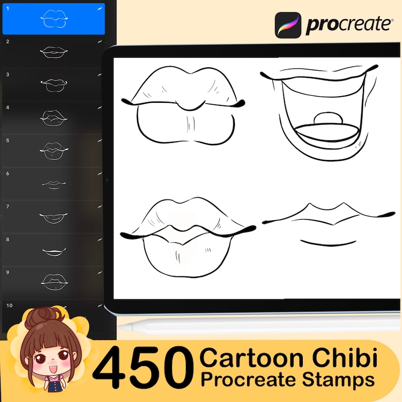 450 Procreate Cartoon Chibi Stamps, Chibi Lips, Chibi Body, Chibi Eye ...