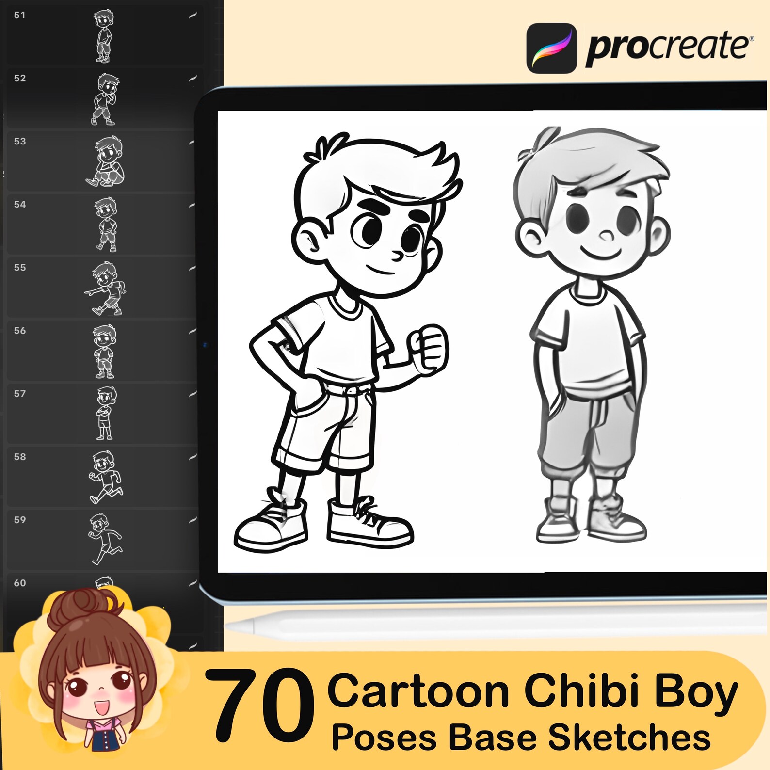 70 Procreate Cartoon Chibi Boy, Poses Base Sketches Kawaii Character ...