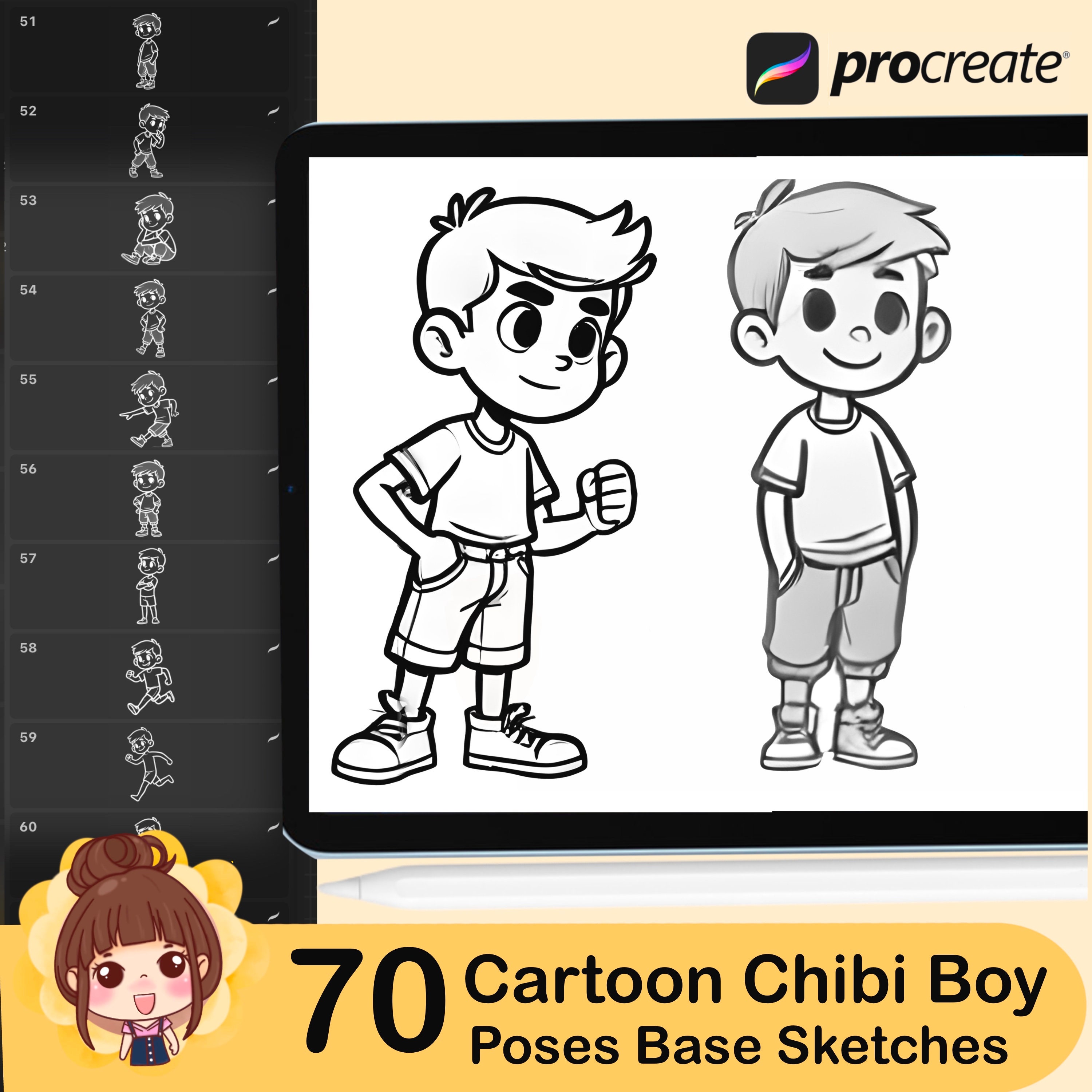 70 Procreate Cartoon Chibi Boy, Poses Base Sketches Kawaii Character ...