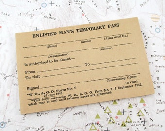 1943 WW2 ENLISTED MAN'S Temporary PASS Blank Card Wwii Paper Document ...