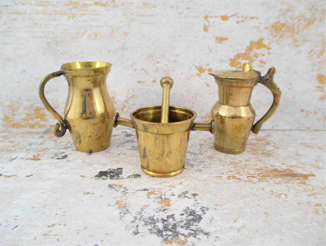 Three Vintage Brass Miniatures Two Pitchers and a Mortar and Pestle - Etsy