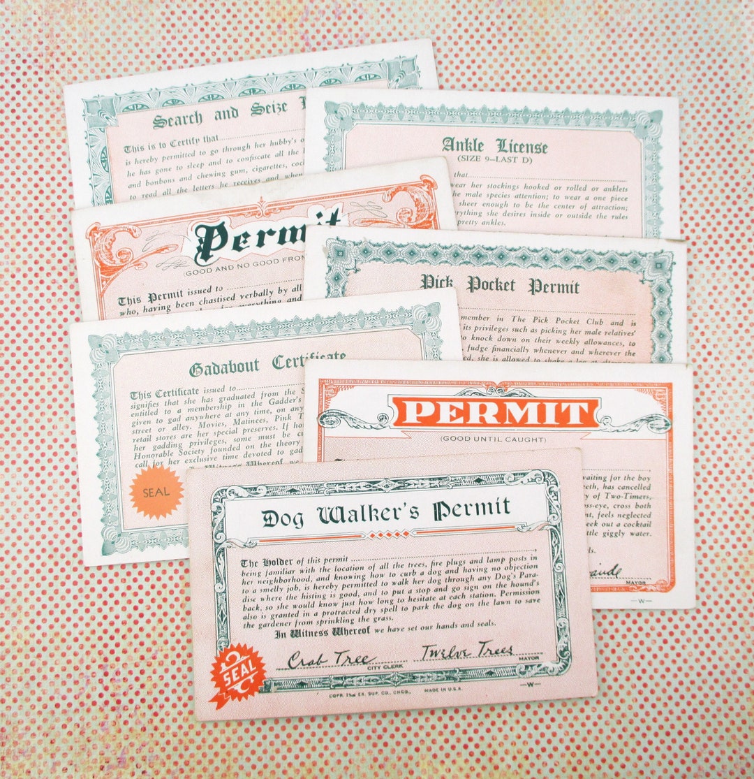Seven Vintage Humorous Permits / Licenses Joke Postcards - Etsy