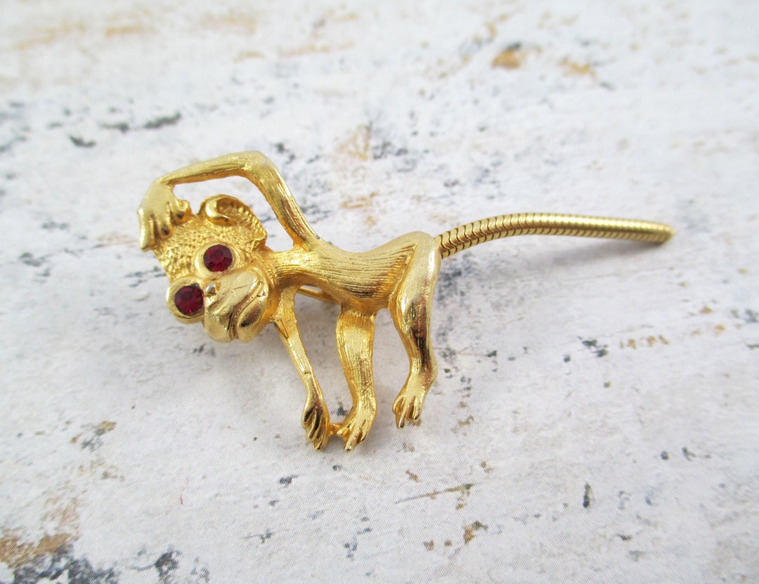 Little Vintage Monkey Pin Flexible Tail, Rhinestone Eyes - Etsy