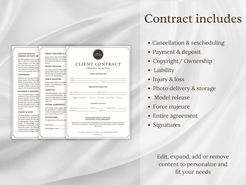 Minimal Photography Contract Template, Client Contract Form Editable ...