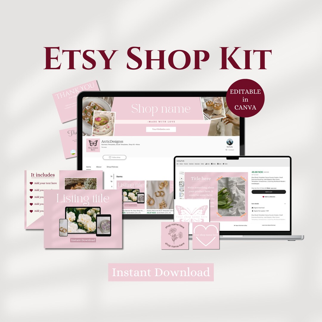 Pink Etsy Shop Kit Cute Etsy Shop Banner Template Etsy Shop Bundle ...