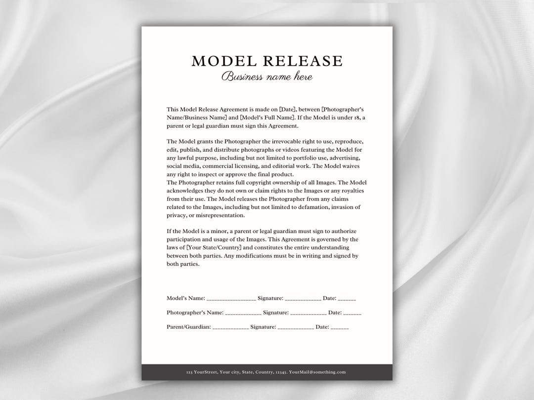 Minimal Model Release Contract Template, Minor Model Release Form Editable Contract Template for ...