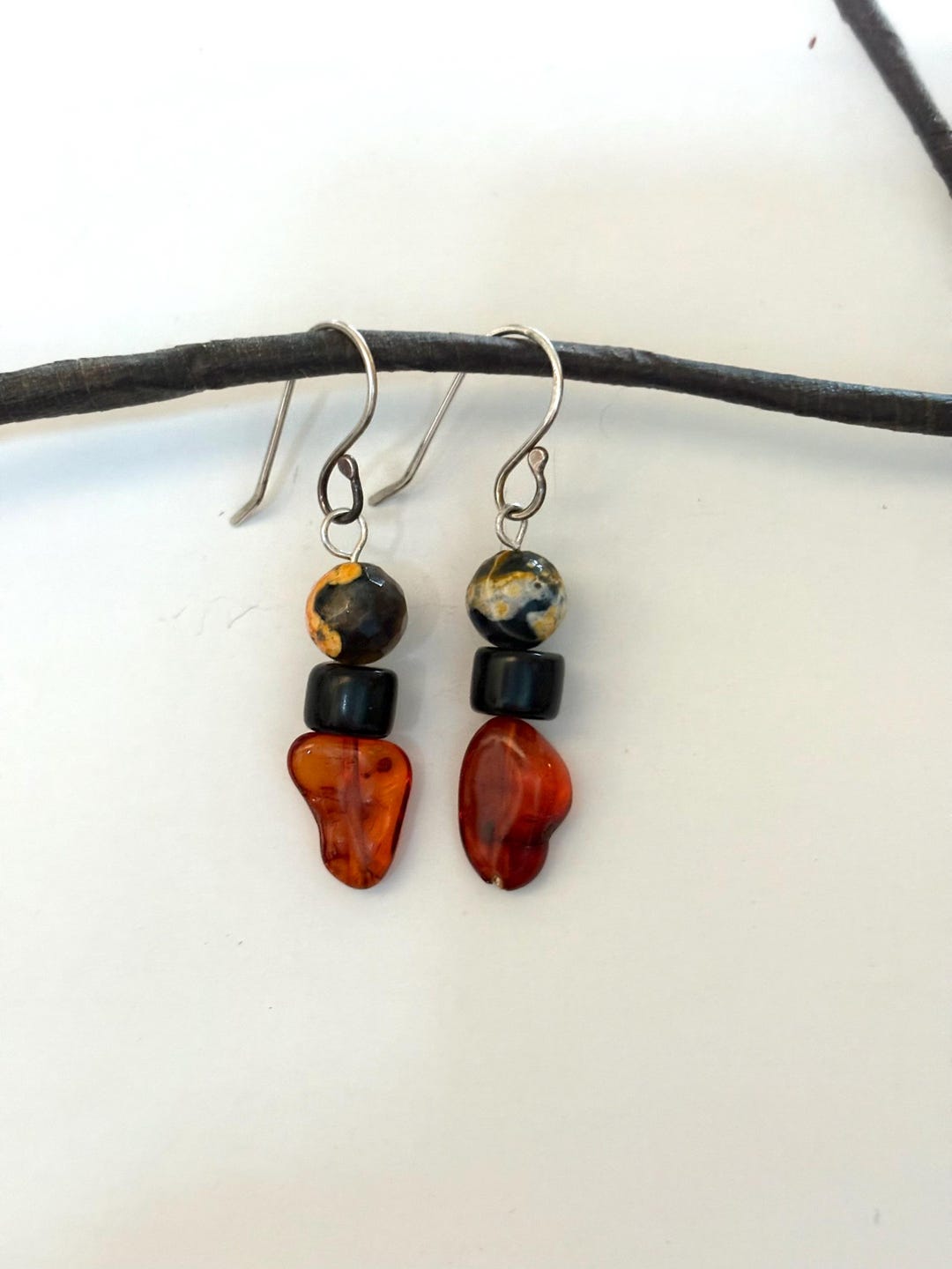 Amber, Jet and Bumblebee Agate Earrings, Sterling Silver Gemstone ...