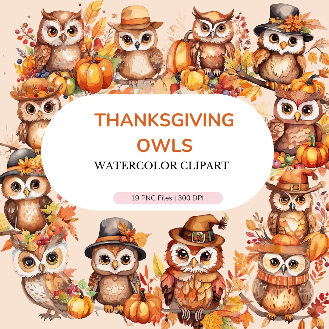 Thanksgiving Owls, Cute Owls, Thanksgiving Watercolor Clipart ...