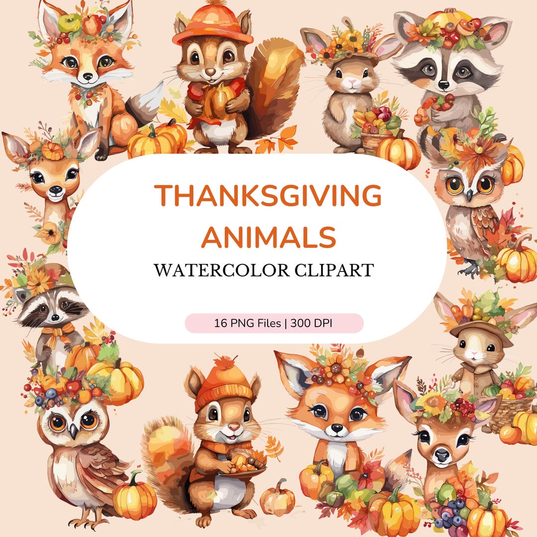 Thanksgiving Animals, Thanksgiving Watercolor Clipart, Thanksgiving ...