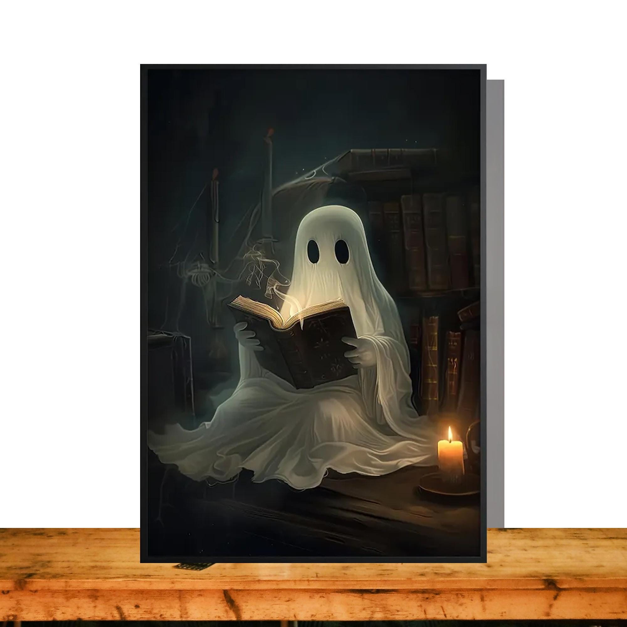 Vintage Ghost Reading Book Painting, Dark Ghost Print, Ghost Canvas ...