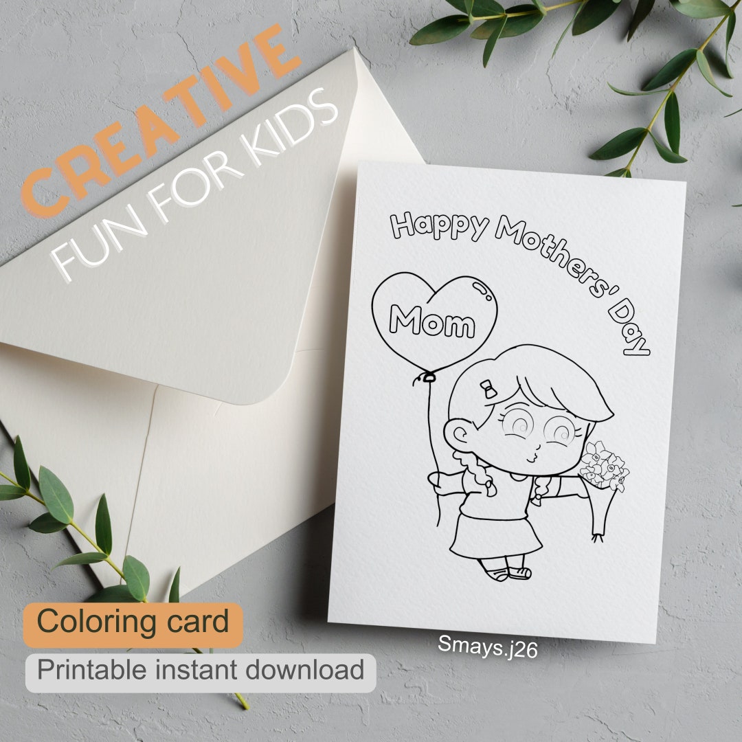 Kids Coloring Card Fun Activity Mother's Day, DIY Gift for Mom Download ...
