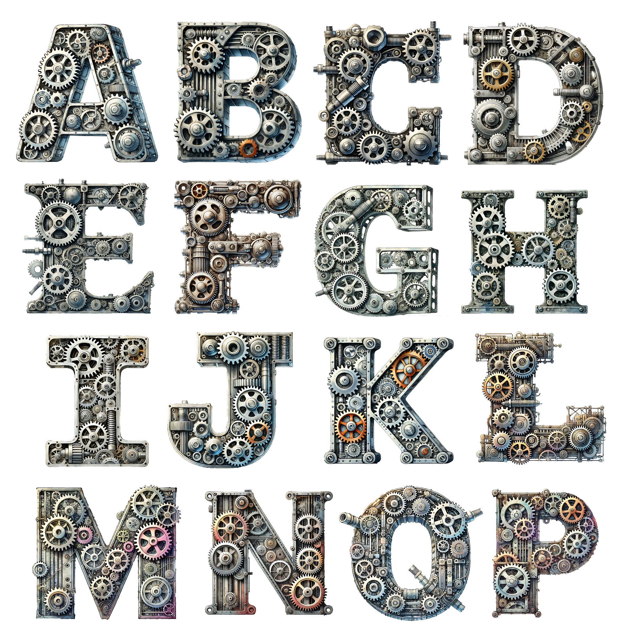 Mechanical Gears Alphabet, Steampunk Alphabet, Cogs Monogram Digital ...