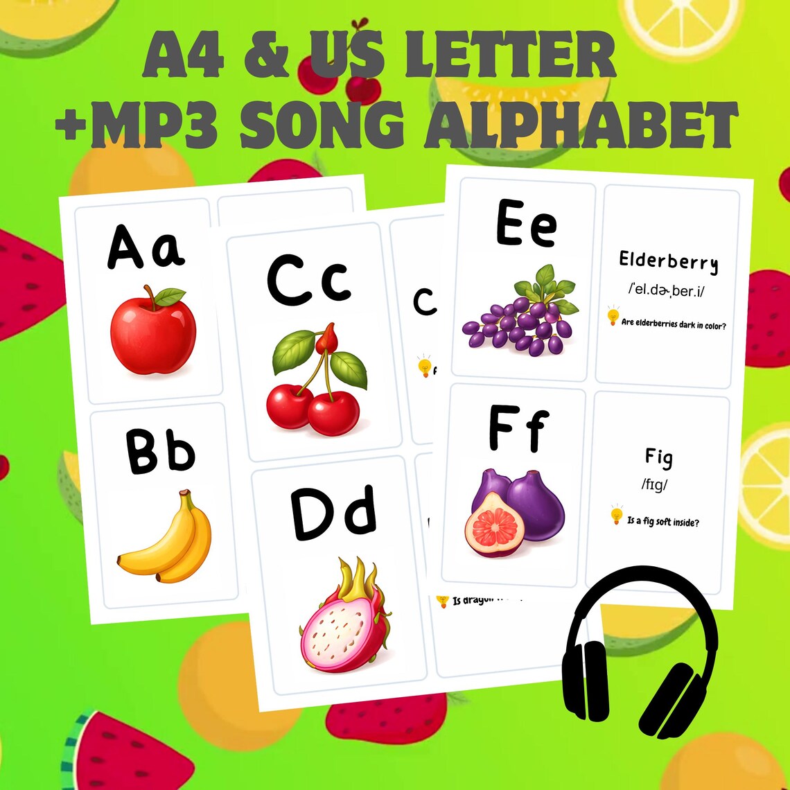 Fruit Alphabet Flashcards A-Z With Pronunciation, Questions & MP3 Song ...