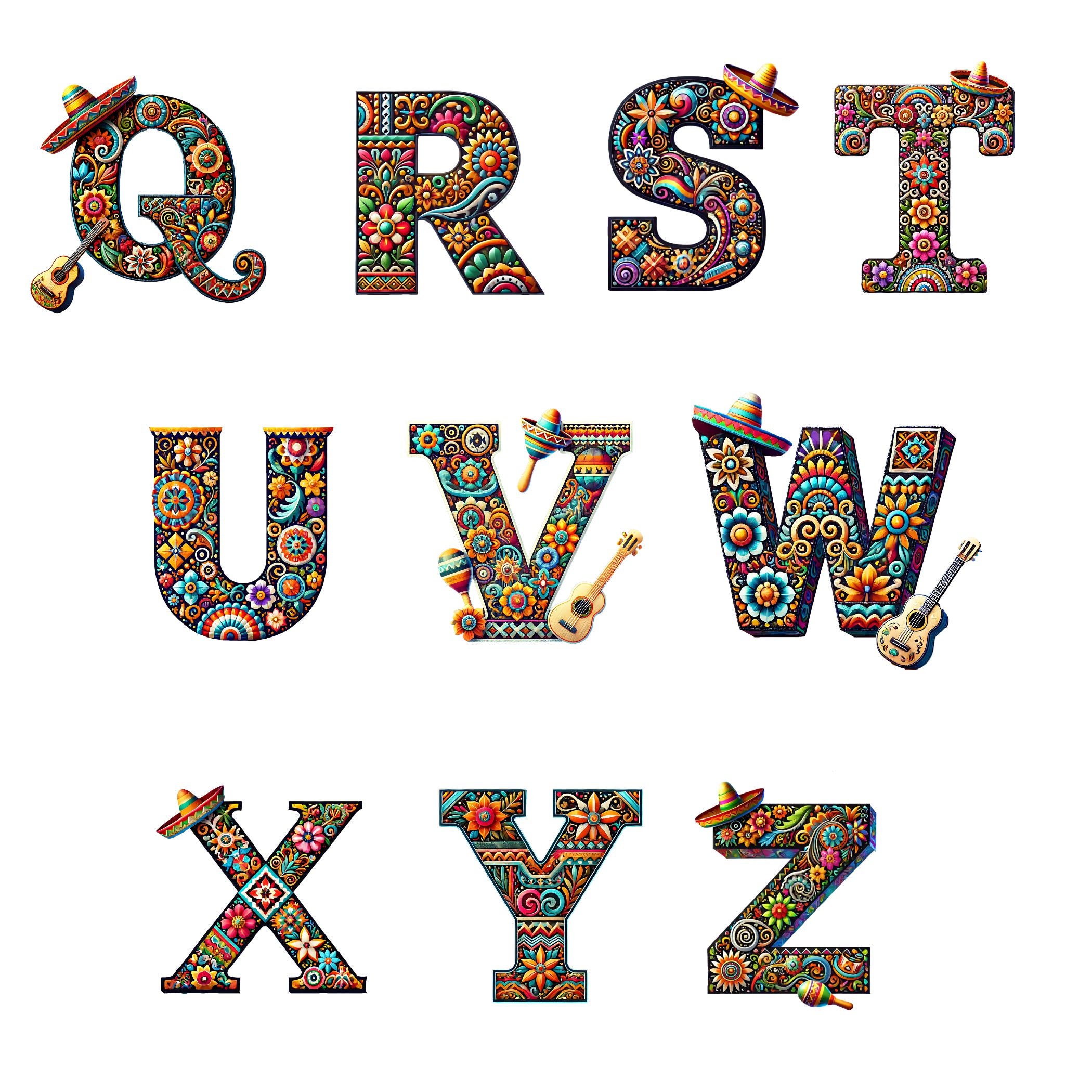 Mexican Alphabet, Folk Art Letters, Vibrant Clipart, Traditional ...