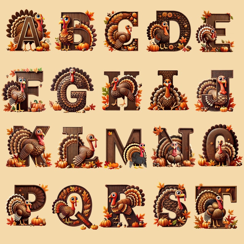 Turkey Thanksgiving Alphabet Clipart, Thanksgiving Alphabet, Turkey ...