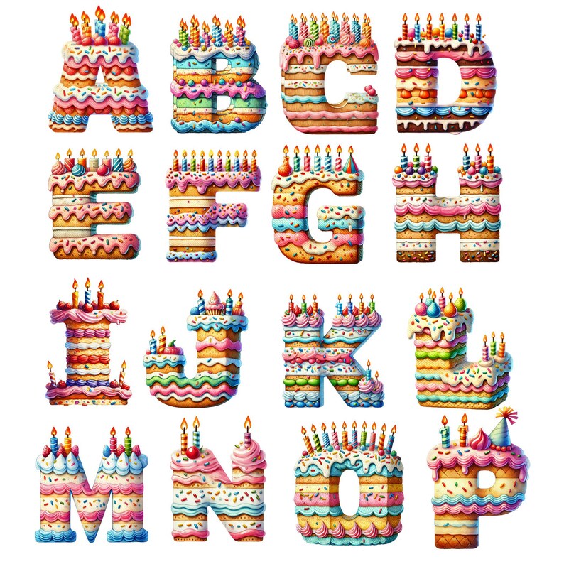 Birthday Cake Alphabet Clipart, Candle Letters PNG (digital Download ...