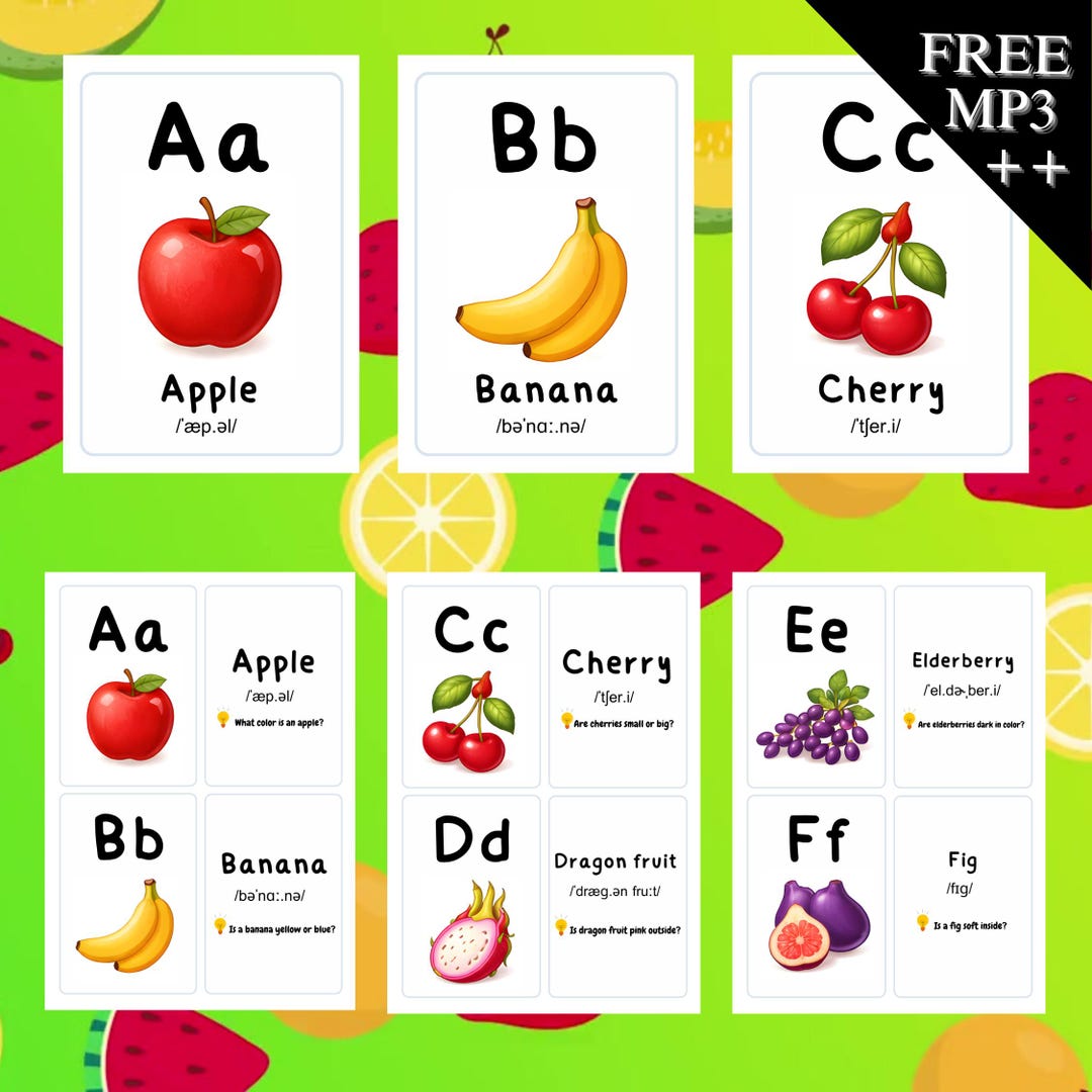 Fruit Alphabet Flashcards A-Z With Pronunciation, Questions & MP3 Song ...