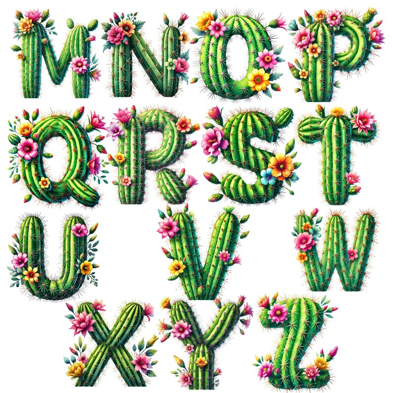 Floral Cactus Alphabet, Succulent Letters, Floral Monogram, Botanical ...