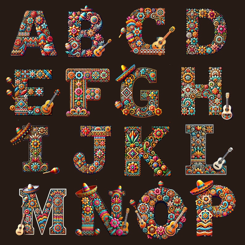 Mexican Alphabet, Folk Art Letters, Vibrant Clipart, Traditional ...