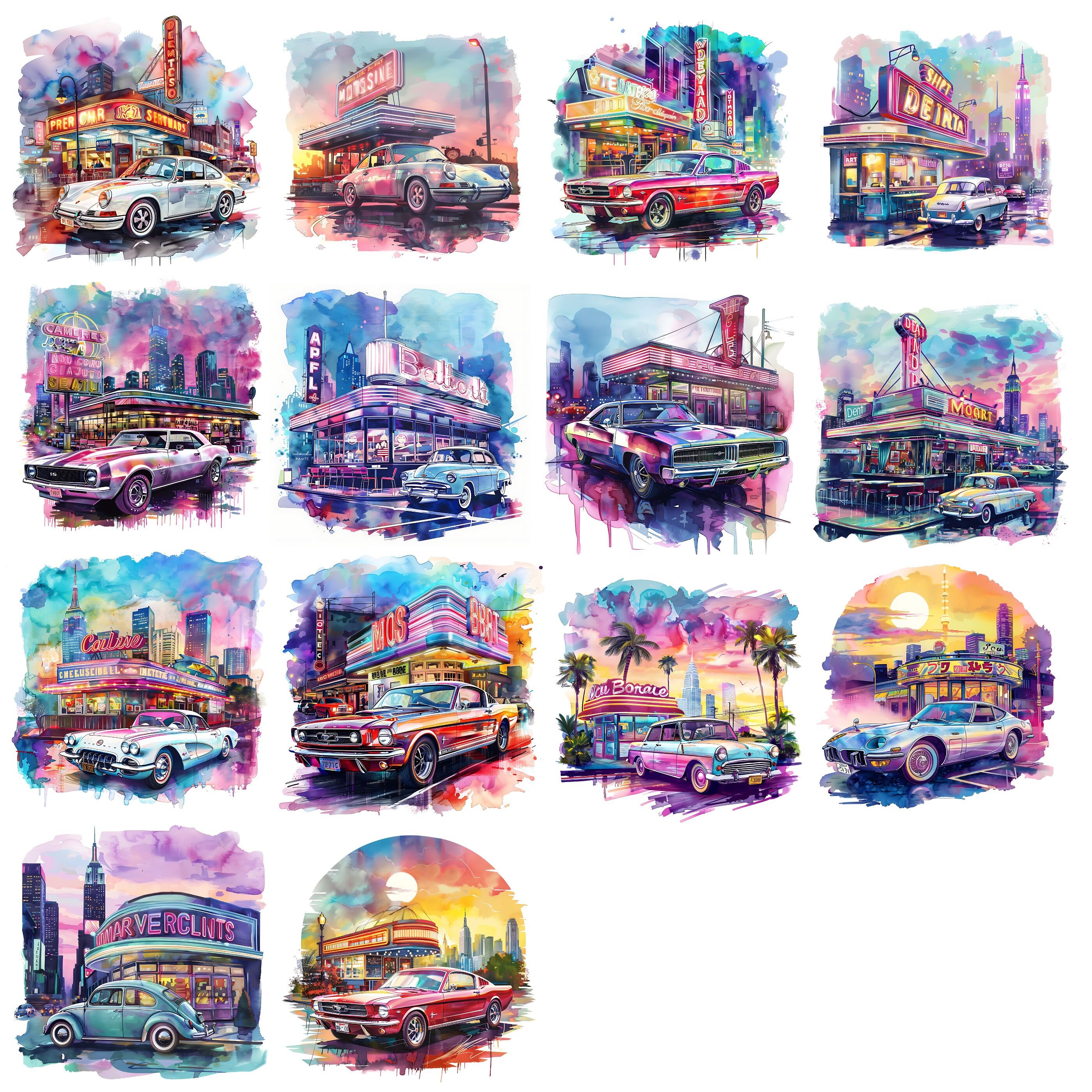 Classic Retro Car Watercolor Clipart, Vintage Car Clipart, Retro ...