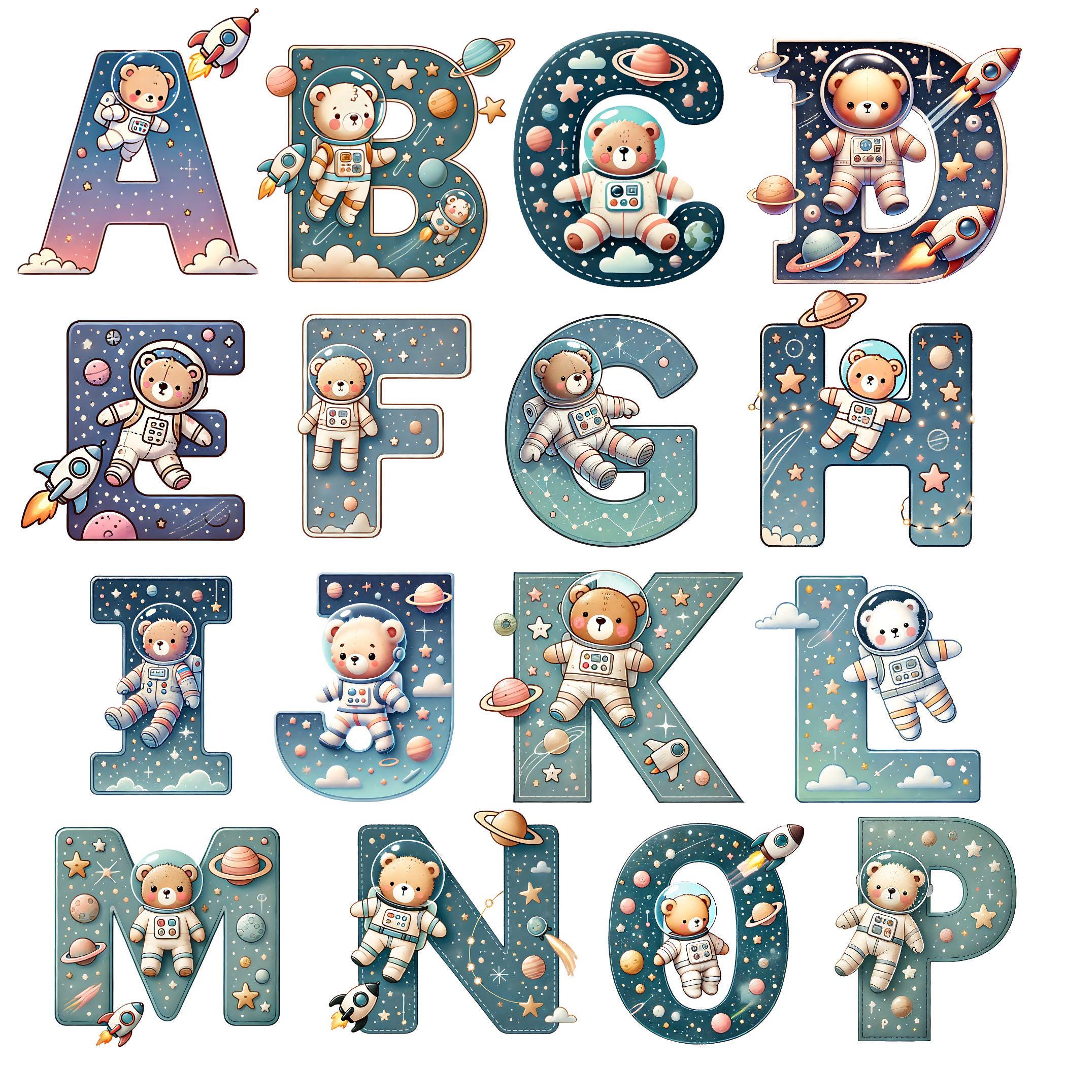 Astronaut Alphabet, Teddy Alphabet, Cute Space Alphabet, Space Explorer ...