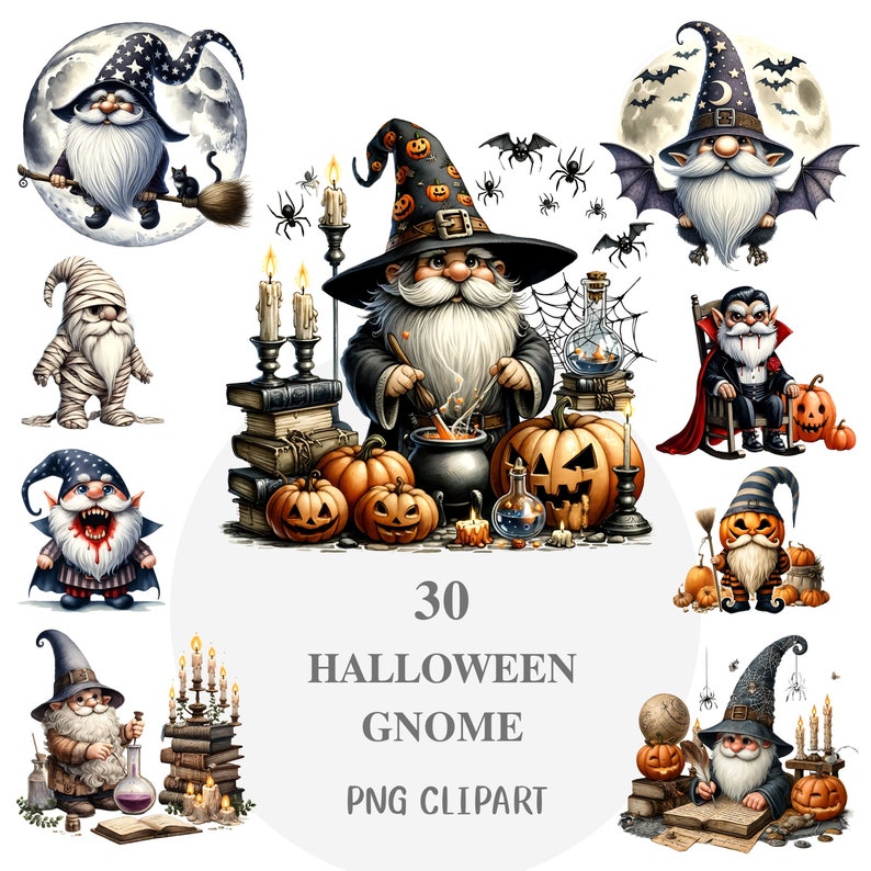 30 Pngs Halloween Gnome Clipart, Halloweenclip Art, Halloween Bundle ...