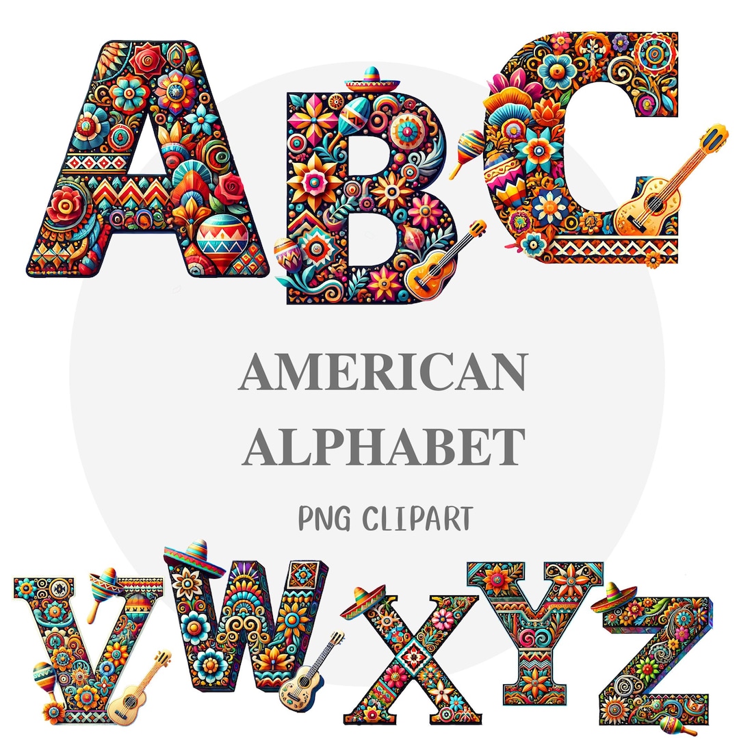 Mexican Alphabet, Folk Art Letters, Vibrant Clipart, Traditional ...