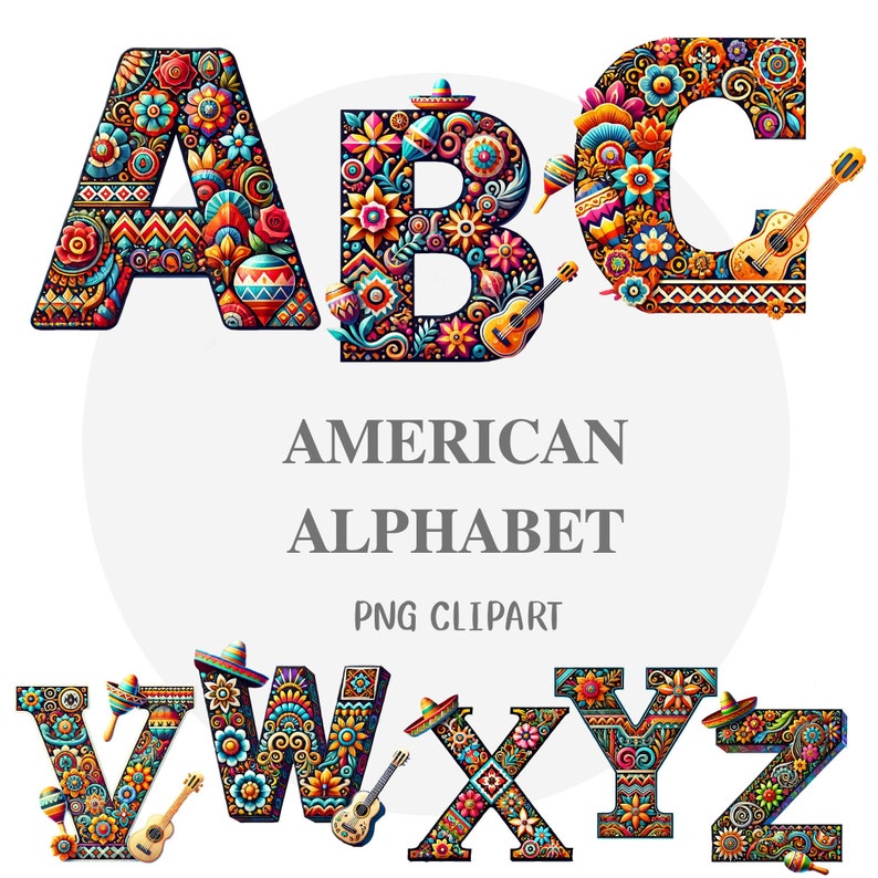 Mexican Alphabet, Folk Art Letters, Vibrant Clipart, Traditional ...