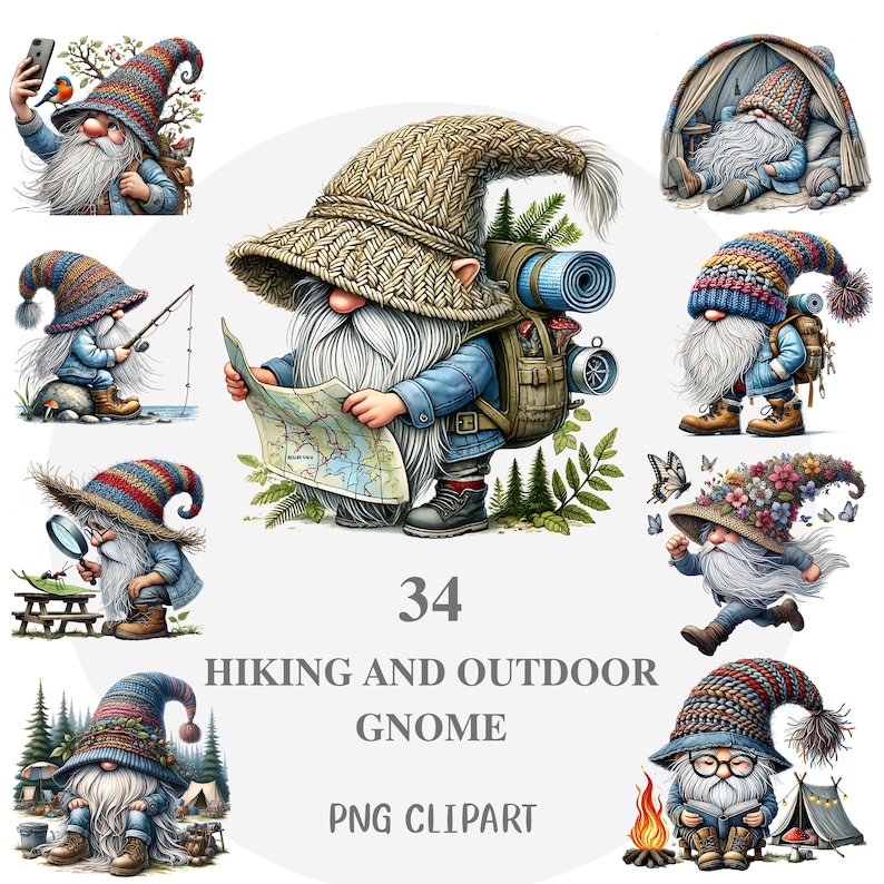 34 Adventure Gnomes, Hiking and Outdoor Clipart, Hiking Gnome, Outdoor ...