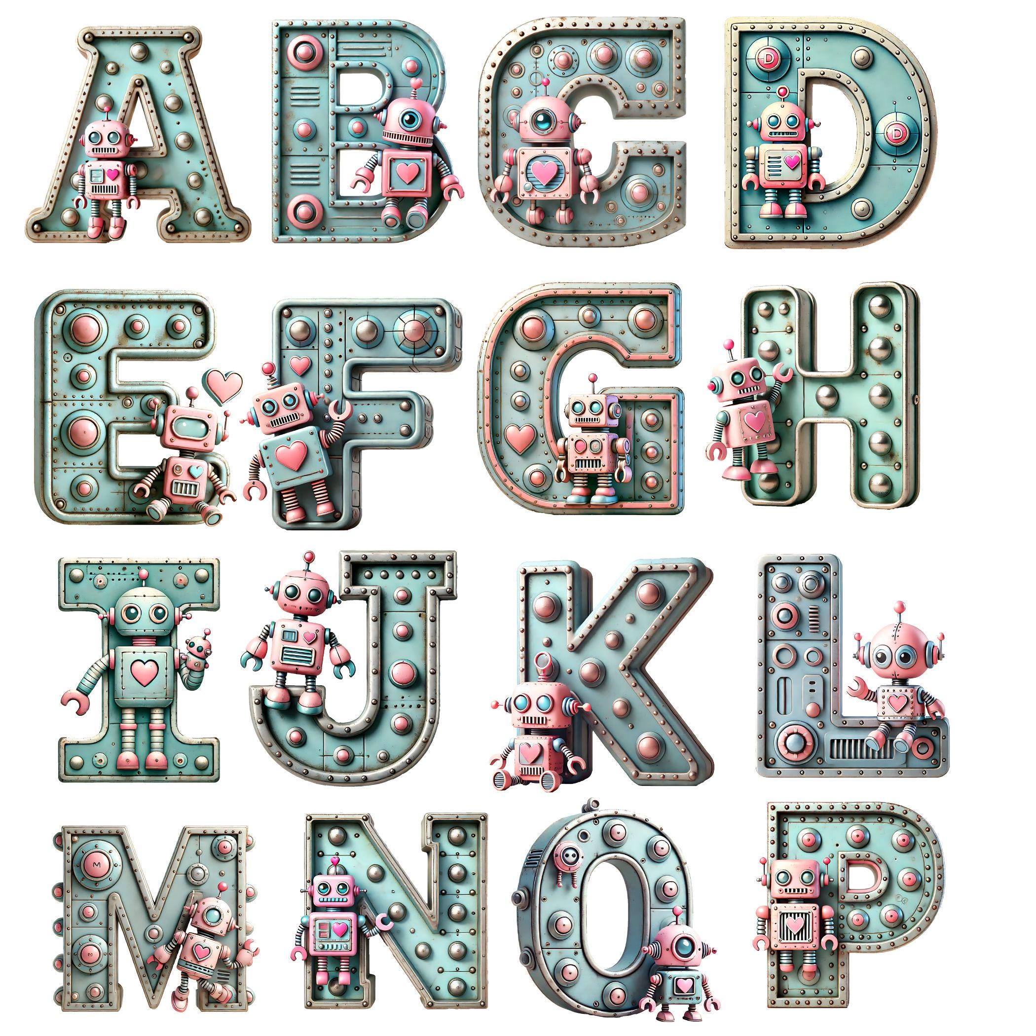 Cute Robot Alphabet, Robot Alphabet, Steampunk Letters, Nursery Wall ...