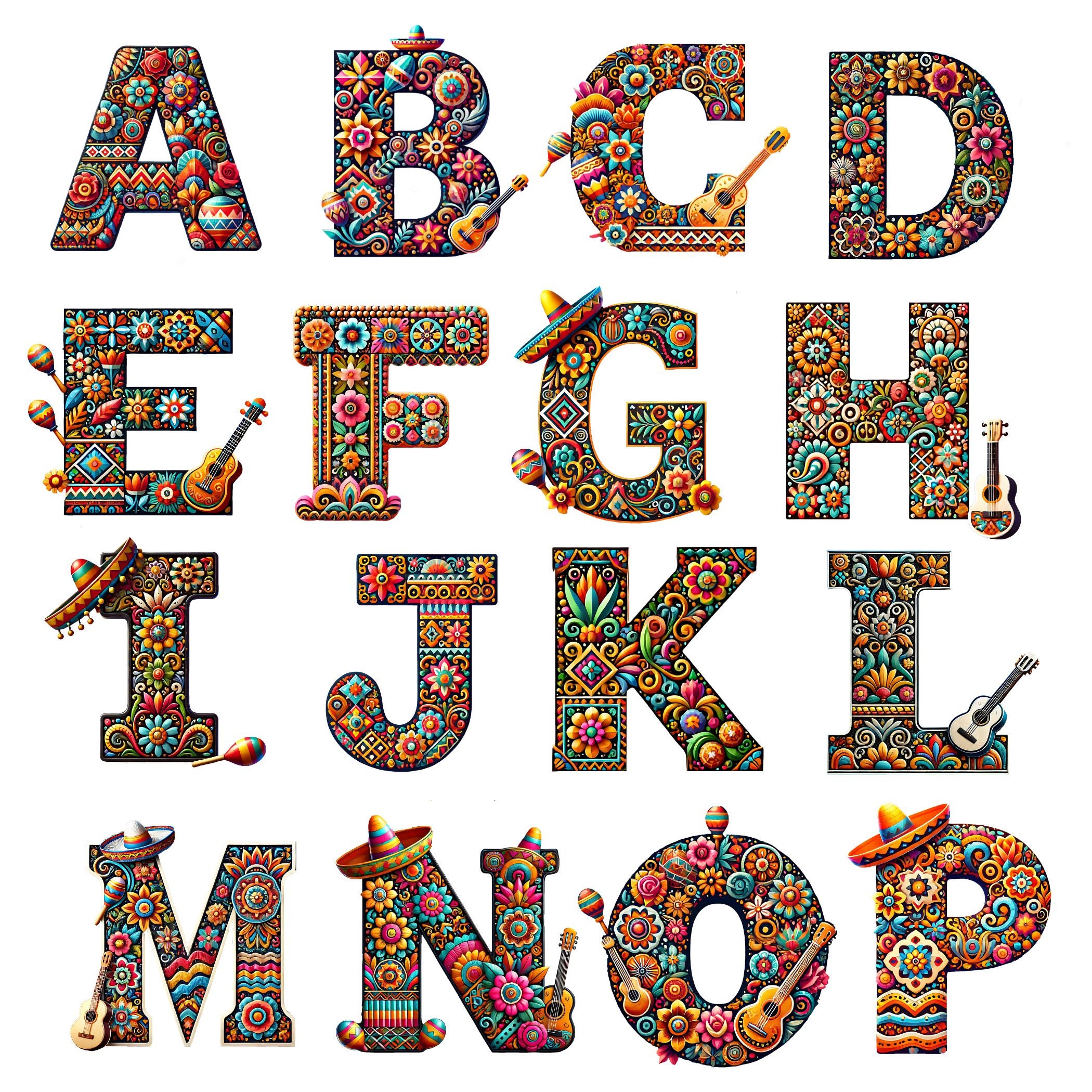 Mexican Alphabet, Folk Art Letters, Vibrant Clipart, Traditional ...