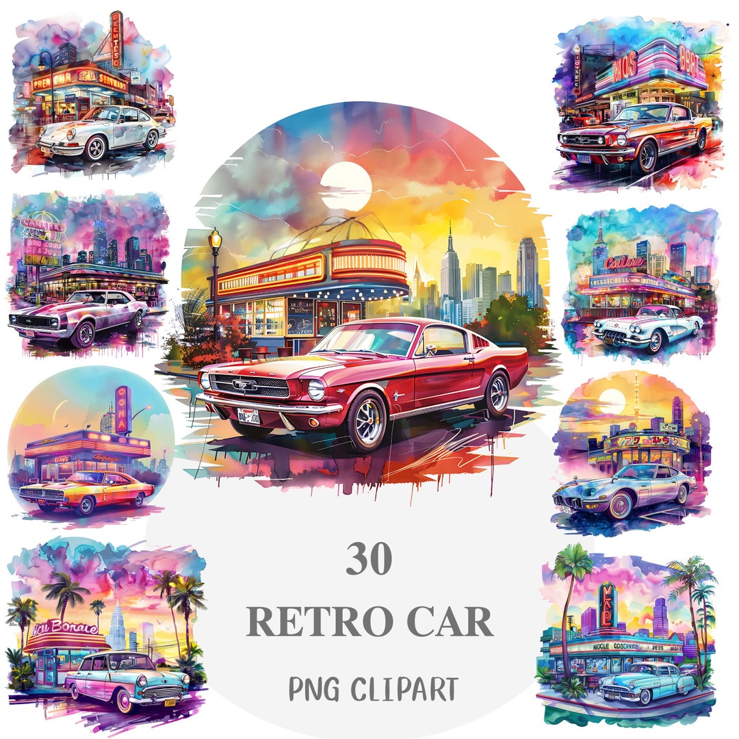 Classic Retro Car Watercolor Clipart, Vintage Car Clipart, Retro ...