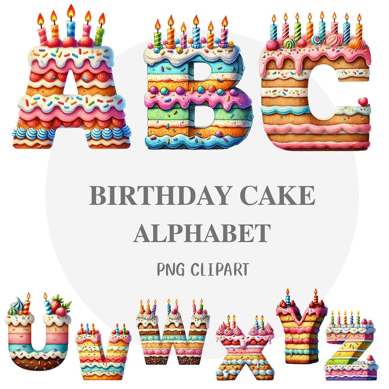 Birthday Cake Alphabet Clipart, Candle Letters PNG (digital Download ...