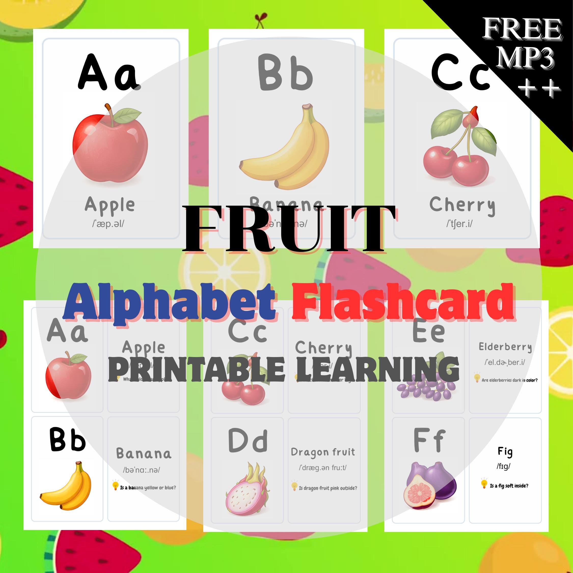 Fruit Alphabet Flashcards A-Z With Pronunciation, Questions & MP3 Song ...