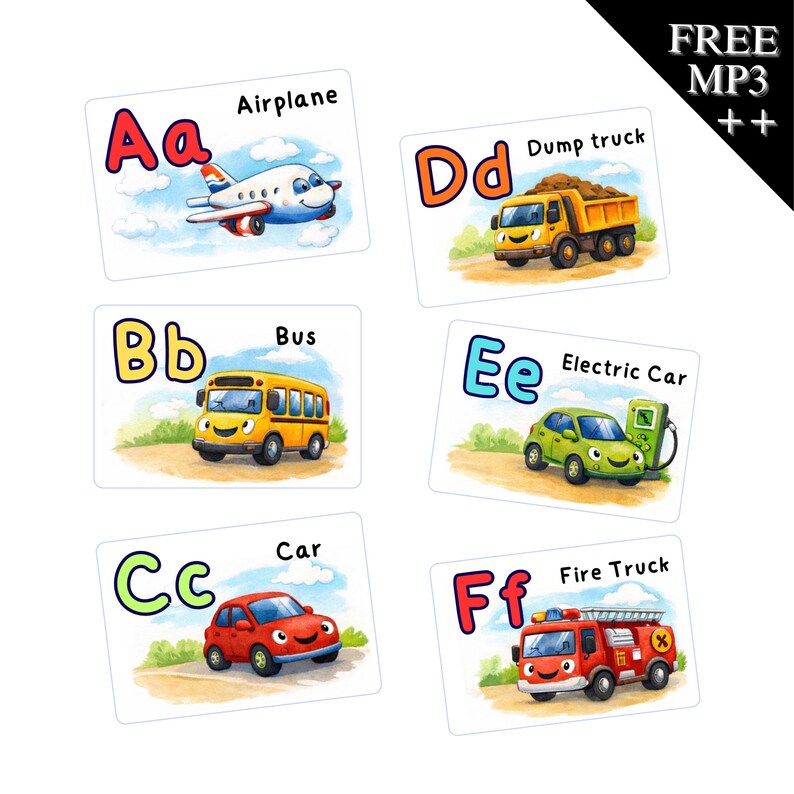 Vehicles Alphabet Flashcards A-Z – Preschool Learning, FREE MP3 Song ...