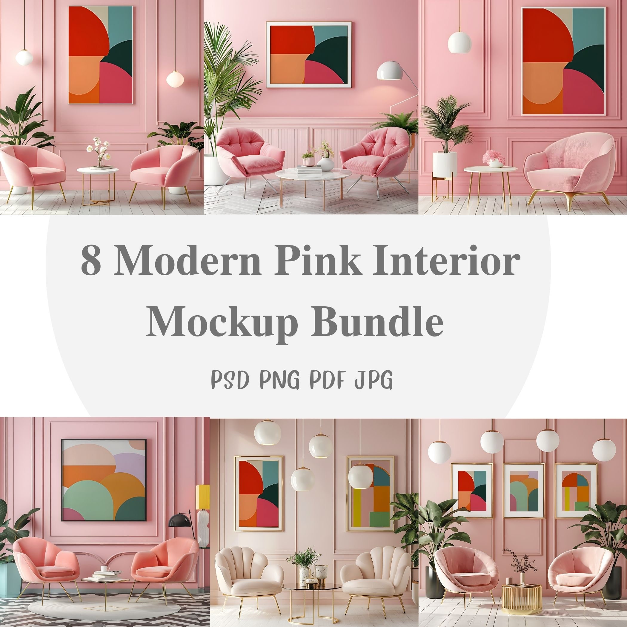 8 Modern Pink Interior Mockup Bundle, Minimalist Wall Art, Aesthetic ...