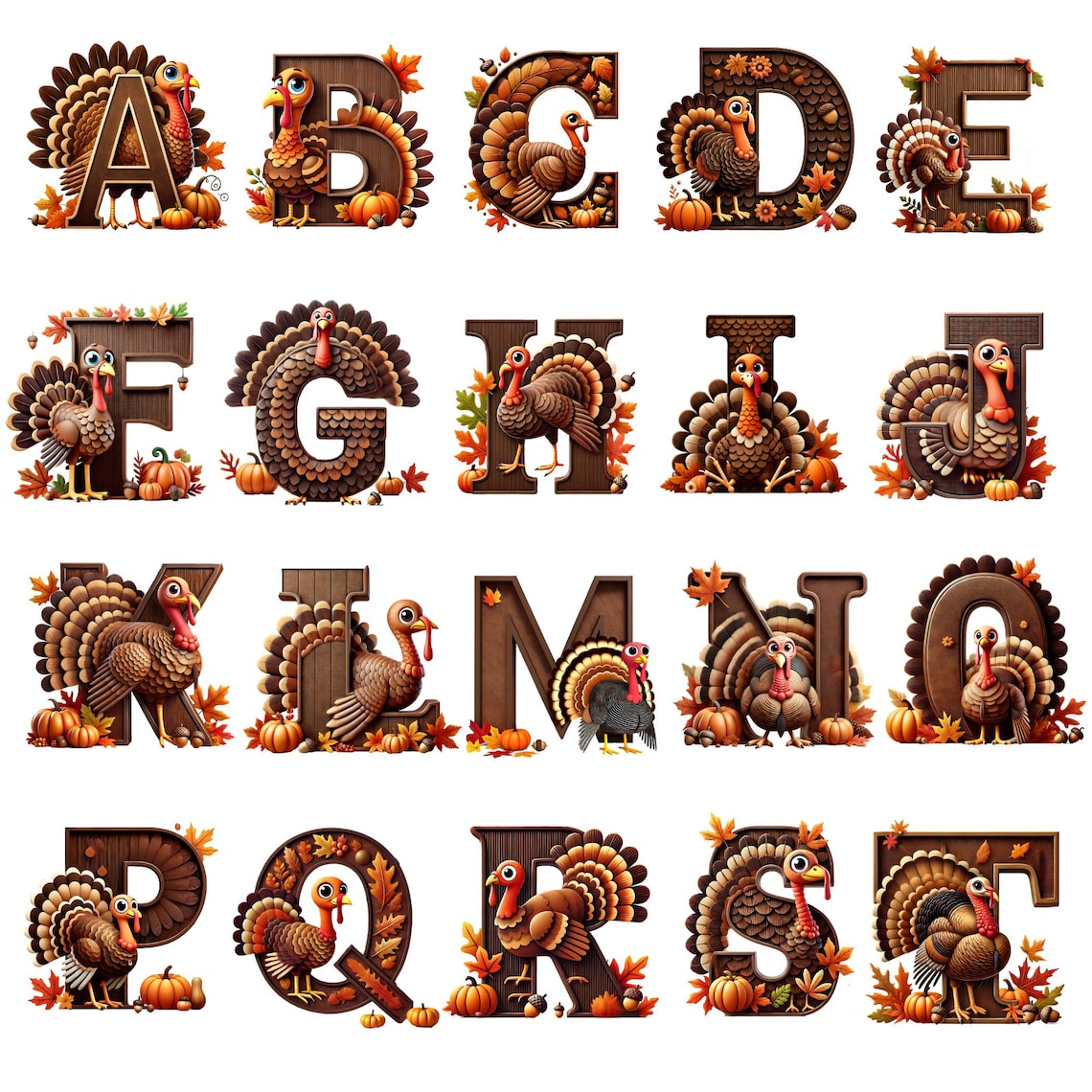 Thanksgiving Turkey Alphabet Clipart, Fall ABC Decor (PNG) - Etsy