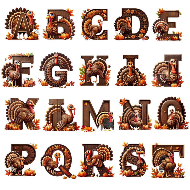 Turkey Thanksgiving Alphabet Clipart, Thanksgiving Alphabet, Turkey ...