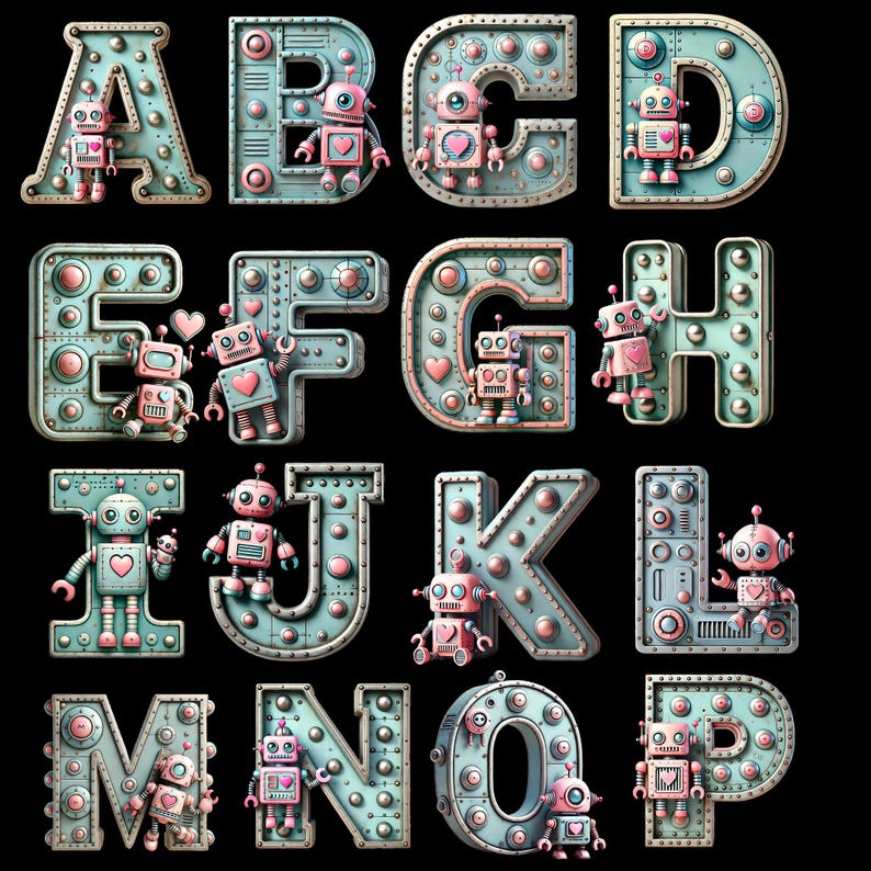 Cute Robot Alphabet, Robot Alphabet, Steampunk Letters, Nursery Wall ...