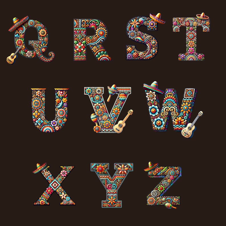 Mexican Alphabet, Folk Art Letters, Vibrant Clipart, Traditional ...