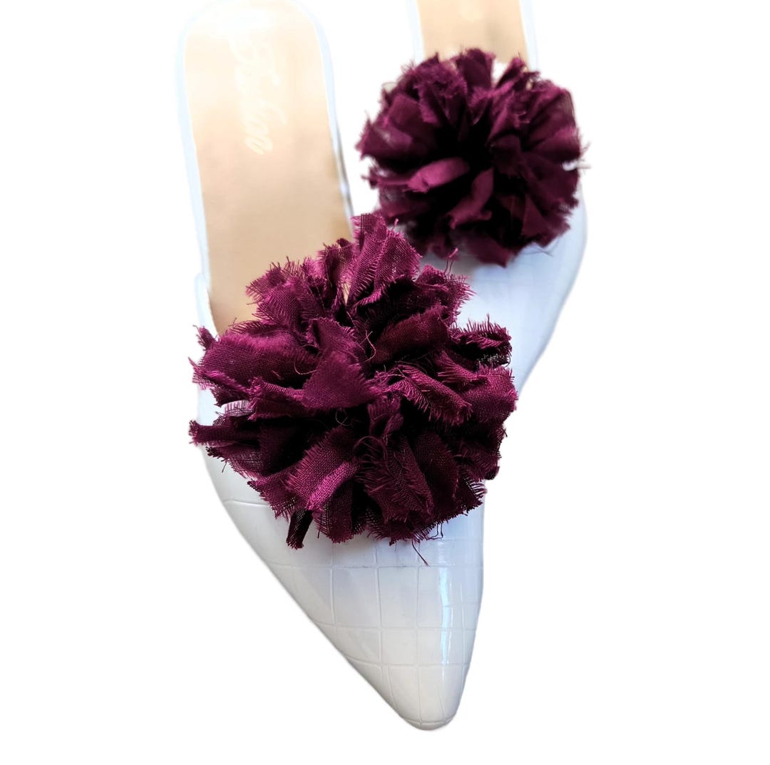 Burgundy Floral Shoe Clips: Cotton-blend Fabric Handmade Shoe Accessory ...