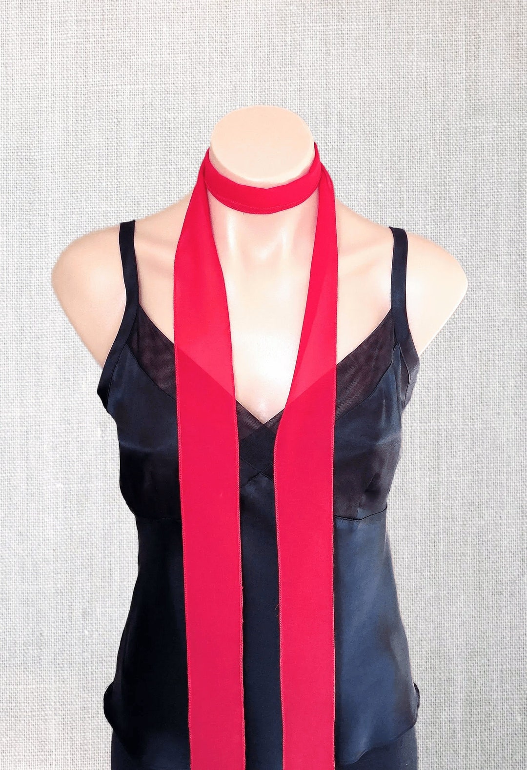 Red Skinny Scarf, Red Choker Scarf, Sheer Chiffon Scarf, Thin Red Scarf ...
