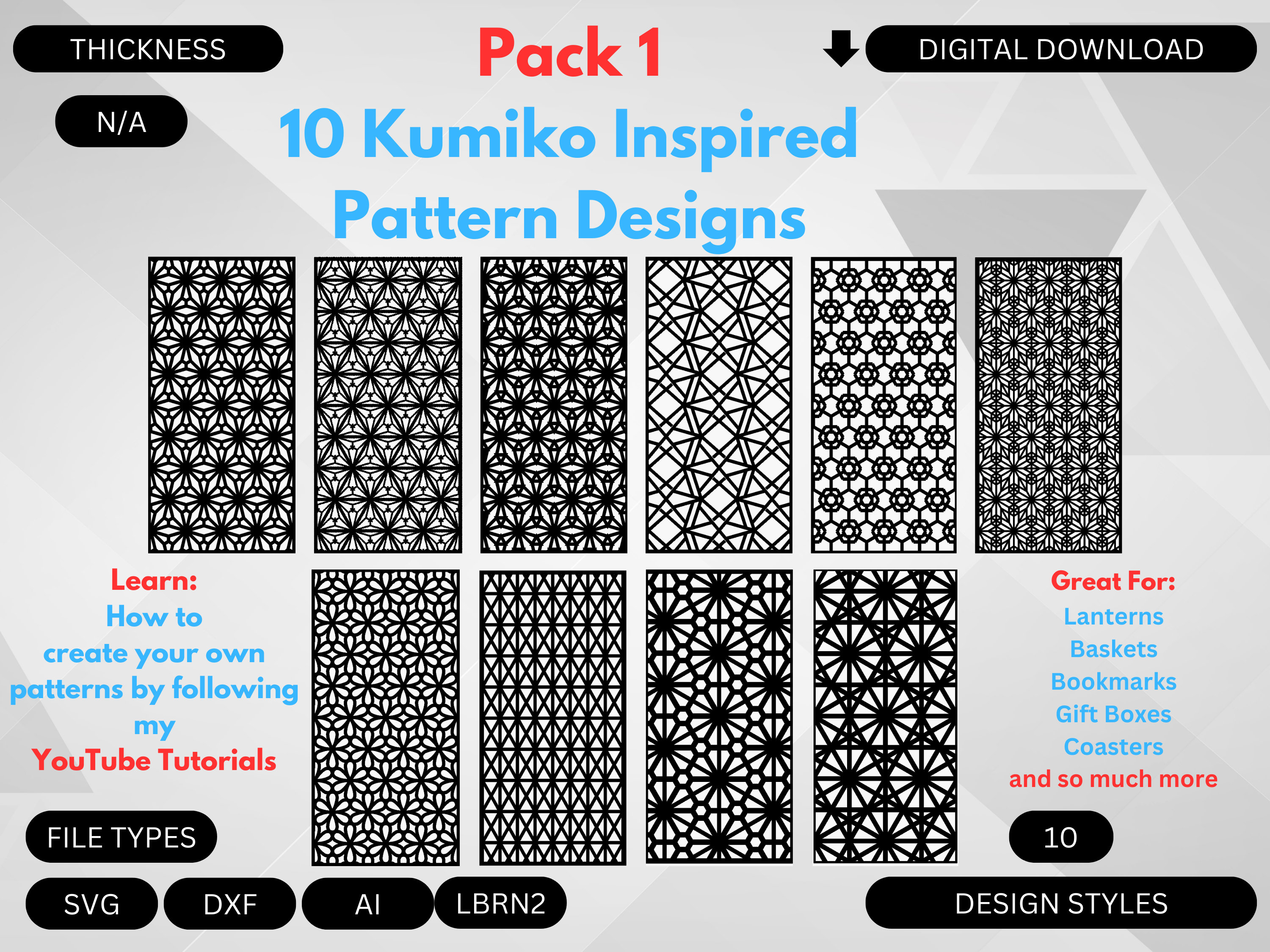 10 Kumiko Patterns, Geometric Designs, SVG Bundle for Lanterns ...