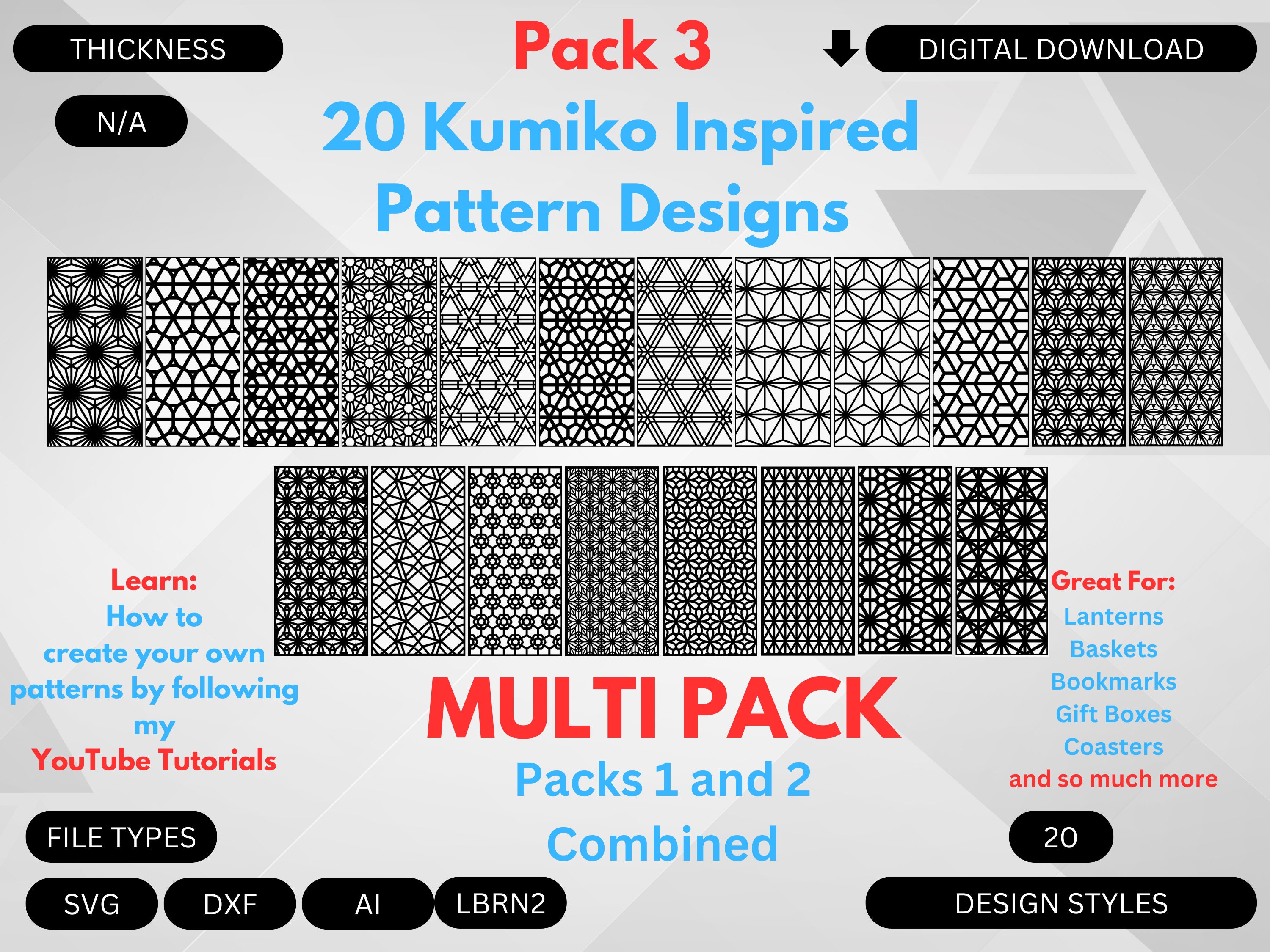 20 Kumiko Patterns, Geometric Designs, SVG Bundle for Lanterns ...