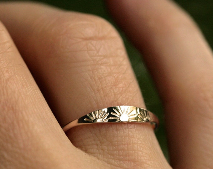 Original Solid Gold Sun Ring- Hand Stamped- Three Suns- Dainty Sunrise ...