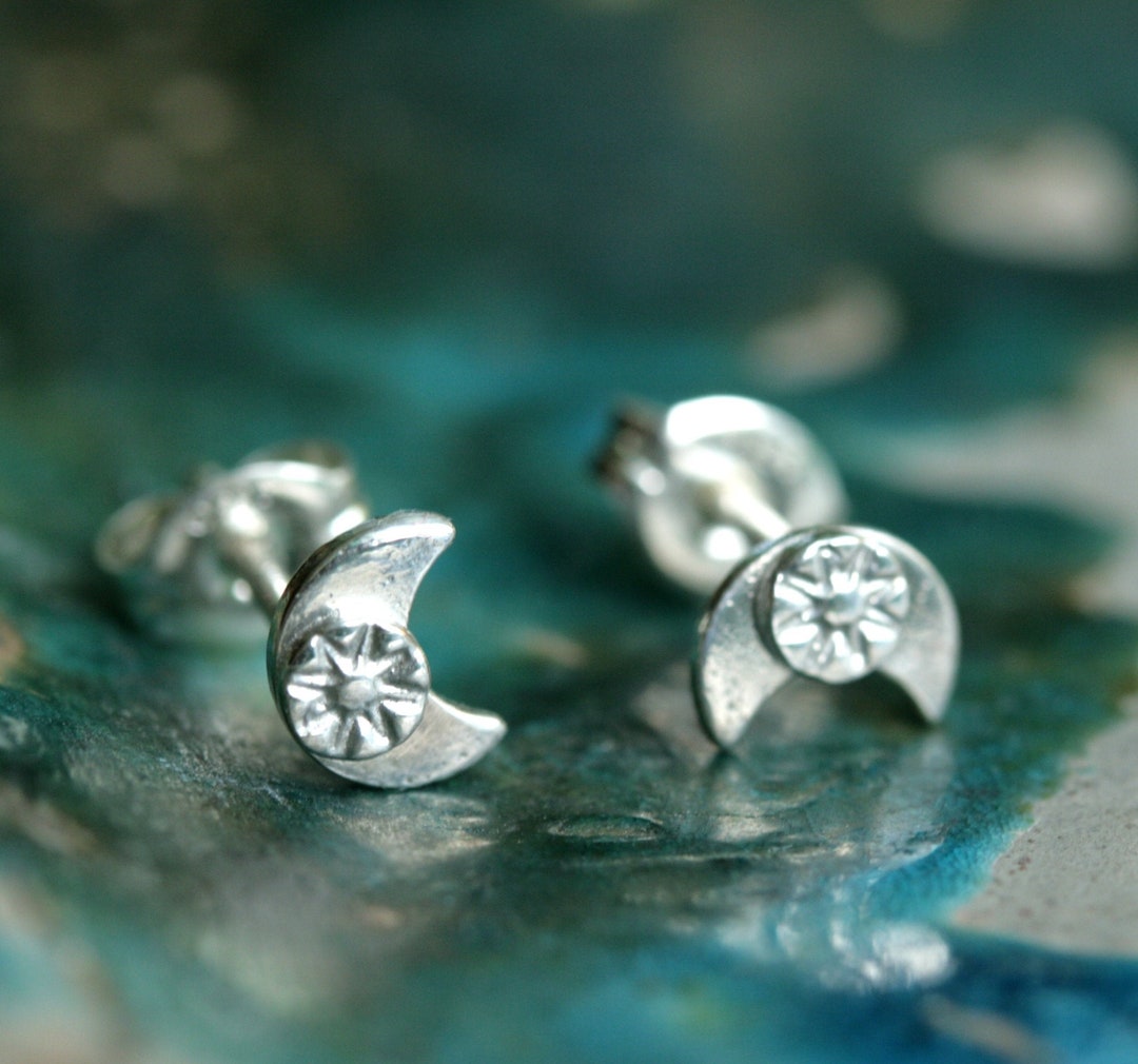 Tiny moon earrings crescent moon studs celestial jewelry sterling silver earrings dainty gold ...